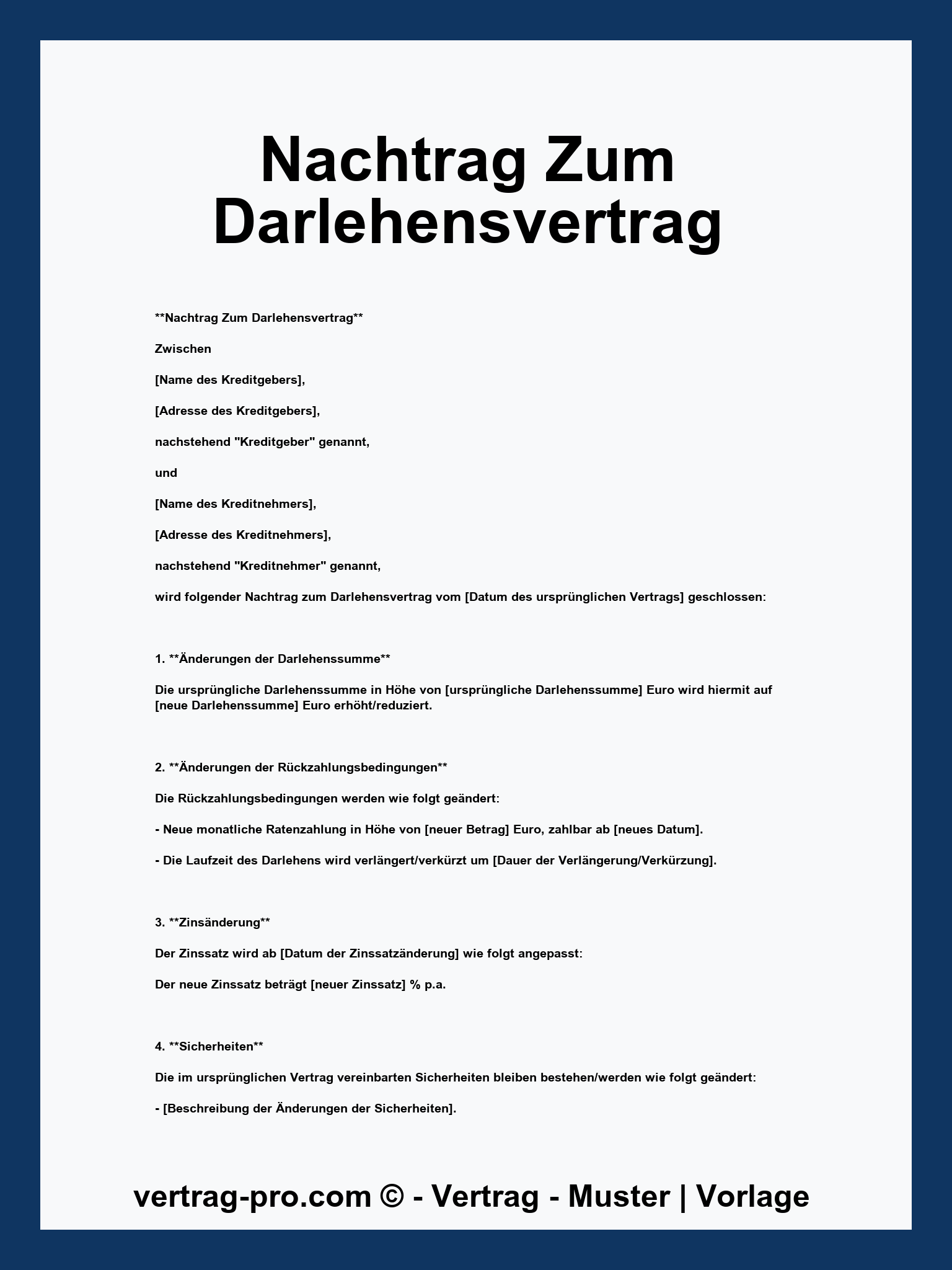 Nachtrag Zum Darlehensvertrag Muster